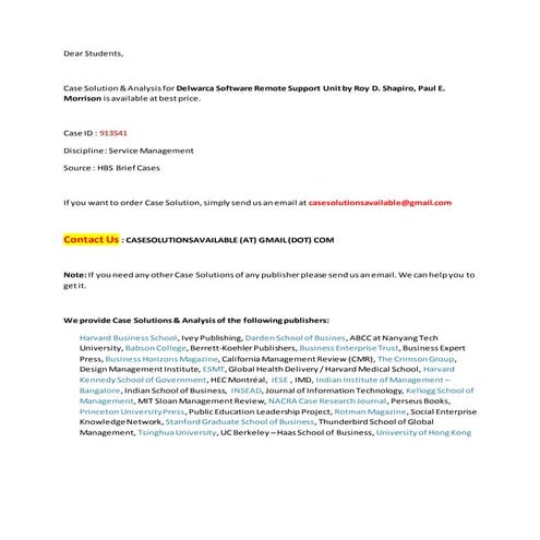 Case solution for Delwarca Software Remote Support Unit | DOCX