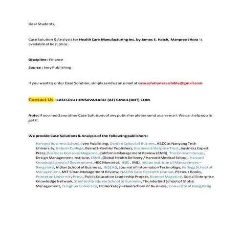 Case Solution for Health Care Manufacturing Inc. | DOCX
