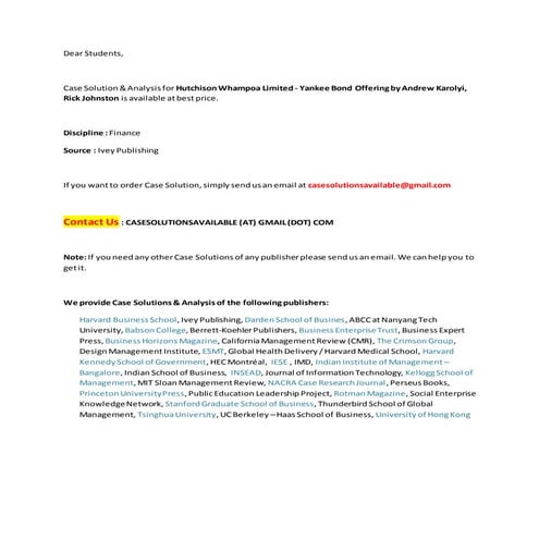 Case Solution For Hutchison Whampoa Limited Yankee Bond Offering Pdf