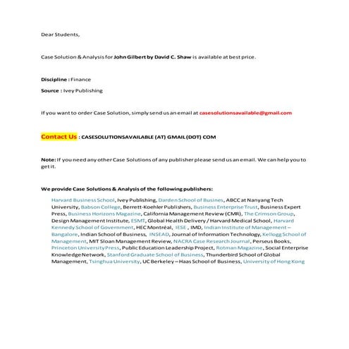 Case Solution for John Gilbert | DOCX | Business | Business and Finance