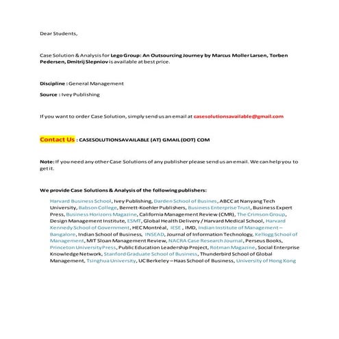 Case Solution for Lego Group: An Outsourcing Journey | DOCX