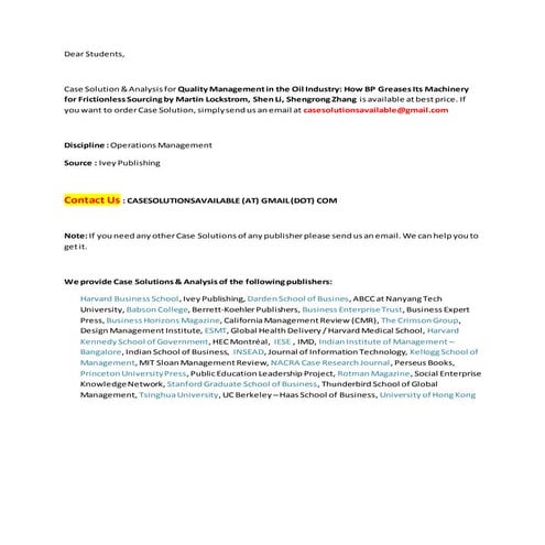 Case Solution for Quality Management in the Oil Industry: How BP ...