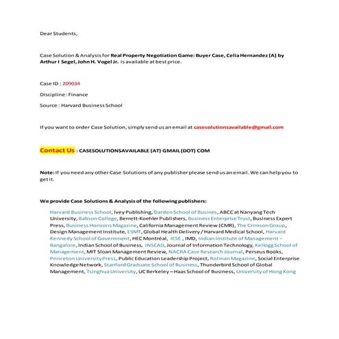 Case Solution for Real Property Negotiation Game: Buyer Case, Celia ...