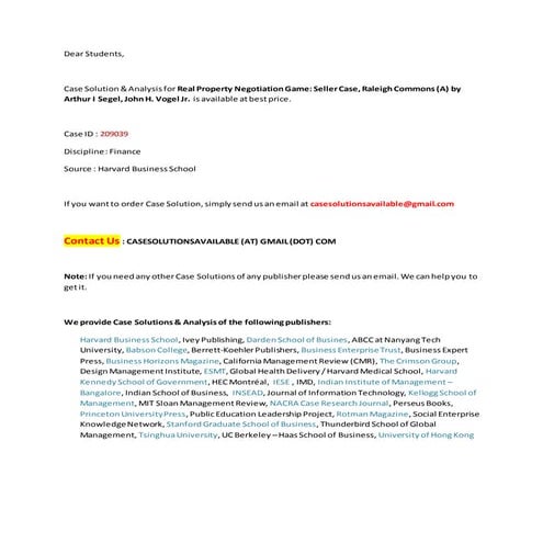 Case Solution for Real Property Negotiation Game: Seller Case, Raleigh ...