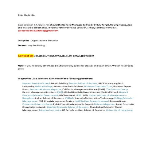 Case Solution for Should the General Manager Be Fired? | DOCX