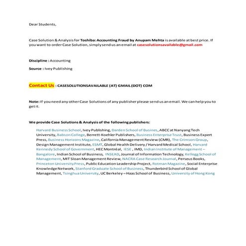 Case Solution for Toshiba: Accounting Fraud | DOCX