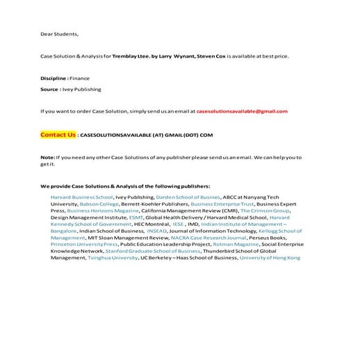 Case Solution for Tremblay Ltee. | DOCX