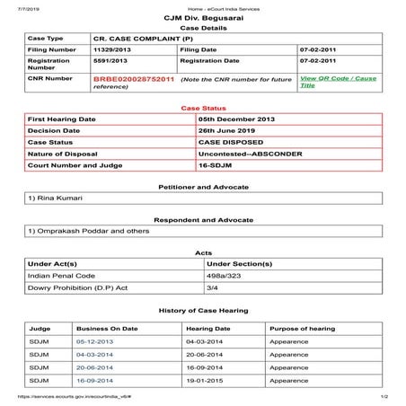 Case status at Begusarai court on 26.06.2019