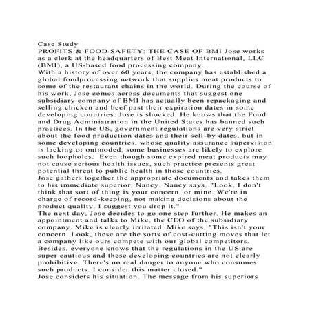 Case StudyPROFITS & FOOD SAFETY THE CASE OF BMI Jose works as a.docx