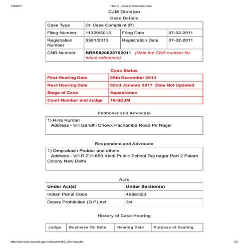 Case Update at Begusarai Court dated 09.01.2017