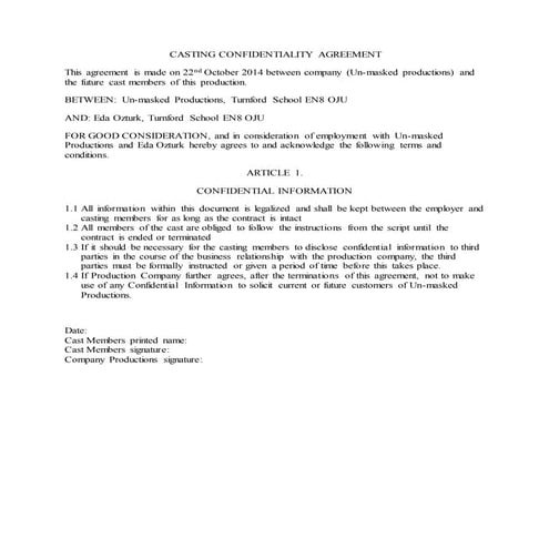 Casting confidentiality agreement | DOCX