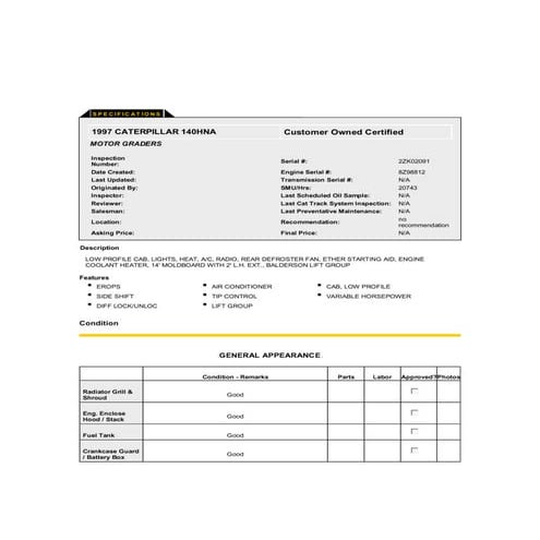CAT 140H 2ZK02091 MOTOR GRADER INSPECTION REPORT | PDF