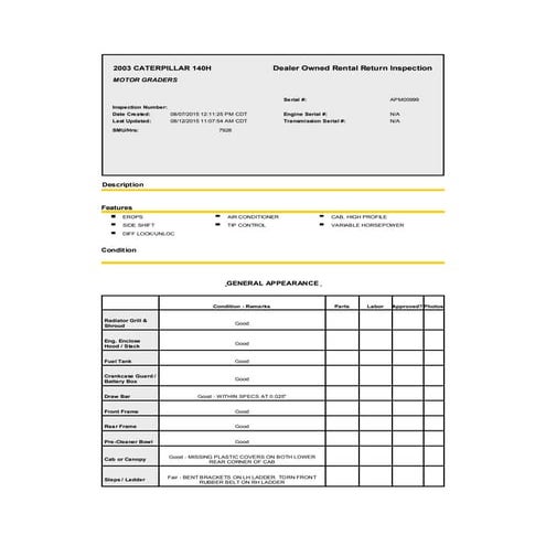 CAT 140H APM00999 MOTOR GRADER INSPECTION REPORT | PDF