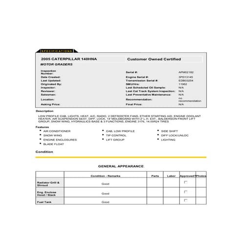 CAT 950B 22Z02795 WHEEL LOADER INSPECTION REPORT