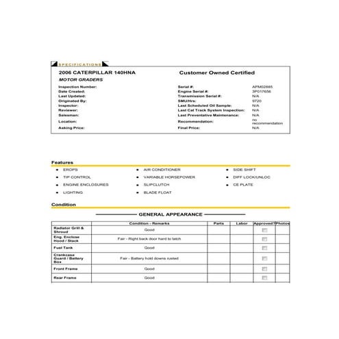 CAT 140H APM02885 MOTOR GRADER INSPECTION | PDF