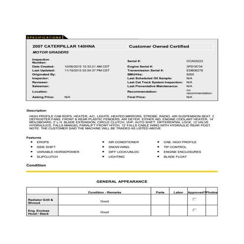CAT 140HNA CCA03223 MOTOR GRADER INSPECTION REPORT | PDF