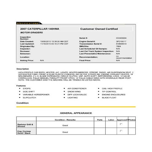 CAT 140HNA CCA03224 MOTOR GRADER INSPECTION REPORT | PDF