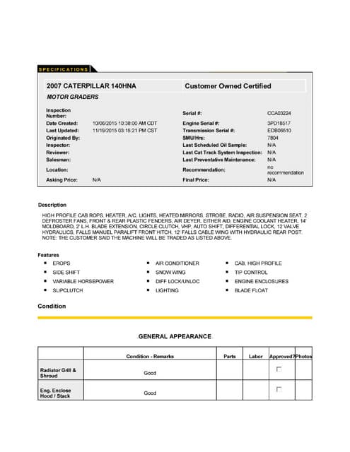 CAT 980G 2KR00876 WHEEL LOADER INSPECTION REPORT | PDF