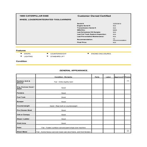 CAT 936E 33Z03816 WHEEL LOADER INSPECTION REPORT | PDF