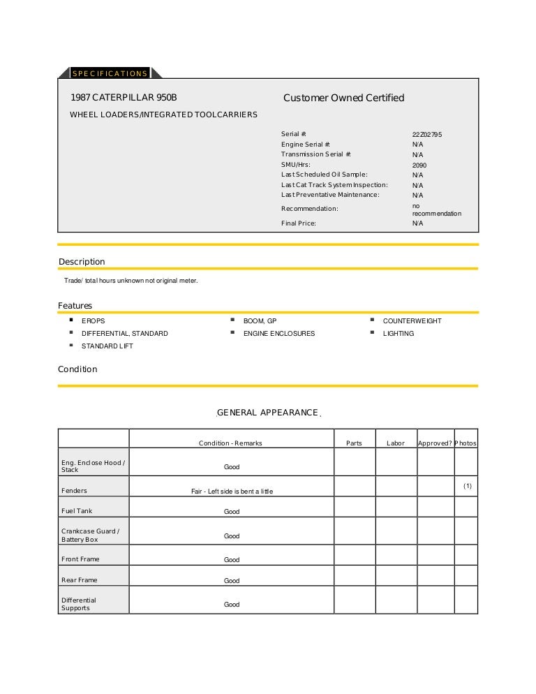 CAT 950B 22Z02795 WHEEL LOADER INSPECTION REPORT