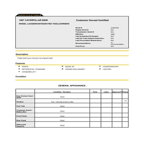 CAT 950B 22Z02795 WHEEL LOADER INSPECTION REPORT | PDF | Auto Repair ...