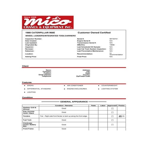 CAT 966 E 99Y05701 WHEEL LOADER INSPECTION REPORT | PDF