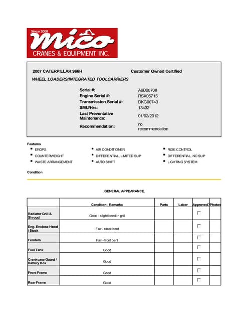 CAT 950 81J11954 WHEEL LOADER INSPECTION REPORT