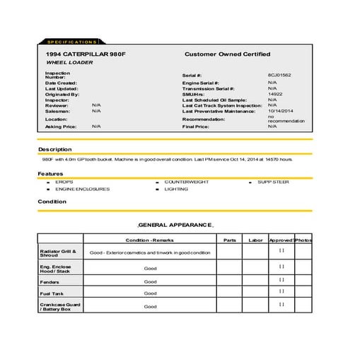 CAT 980F 8CJ01562 WHEEL LOADER INSPECTION REPORT | PDF