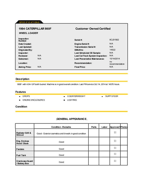 CAT 140H APM00348 MOTOR GRADER INSPECTION REPORT | PDF