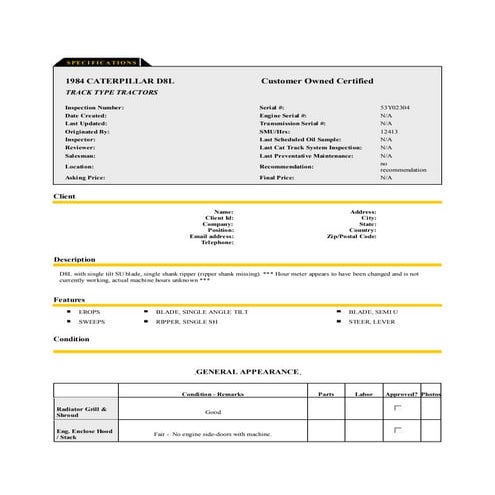 CAT D8L 53Y02304 CRAWLER DOZER INSPECTION REPORT | PDF