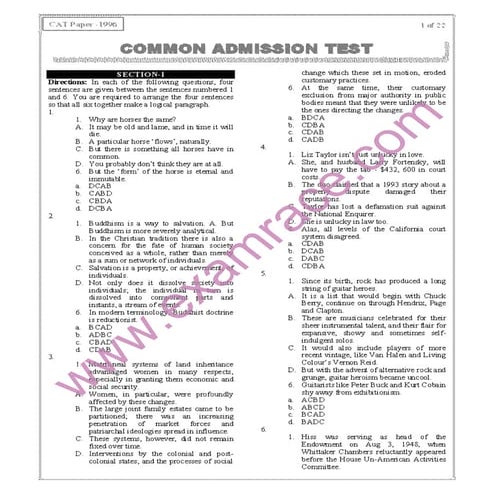 CAT 1996 Previous Year Question Paper with Answer Key | PDF