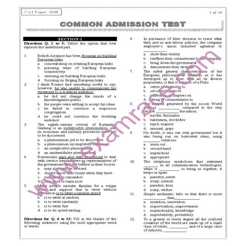 CAT 1998 Previous Year Question Paper with Answer Key | PDF