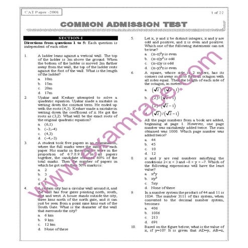CAT 2001 Previous Year Question Paper with Answer Key | PDF