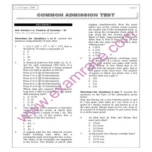CAT 2005 Previous Year Question Paper with Answer Key | PDF