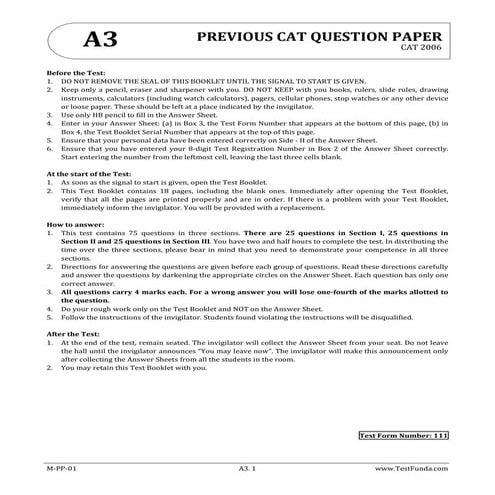 CAT 2006 Previous Year Question Paper with Answer Key | PDF