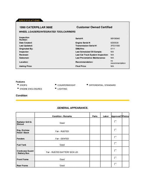 CAT 950B 22Z02795 WHEEL LOADER INSPECTION REPORT