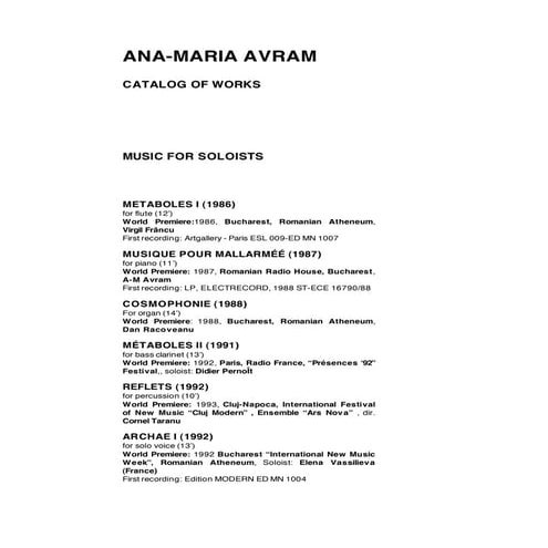 Ana-Maria AVRAM: Catalog of works | PDF