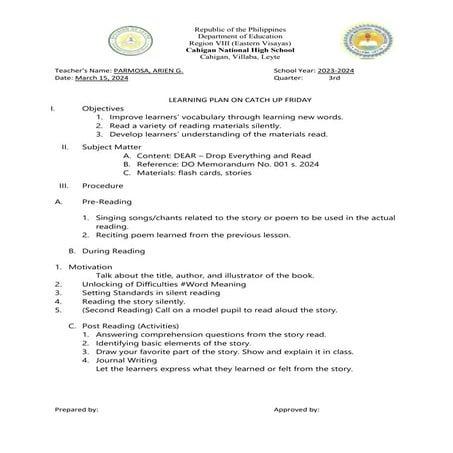 Catch up Friday Learning Plan document, word dox | DOCX