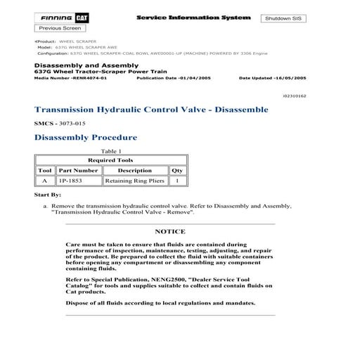 Caterpillar Cat 637E Wheel Scraper (Prefix 1LB) Service Repair Manual ...