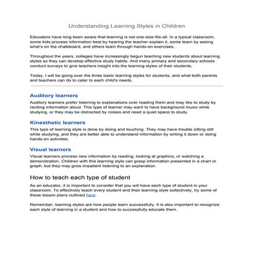 Understanding Learning Styles in Children | PDF | Primary Education | Education