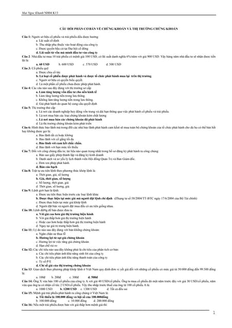 500 câu hỏi trắc nghiệm cơ bản về chứng khoán và thị trường chứng khoán | PDF