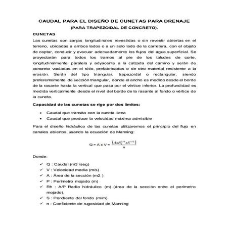 CALCULO DE CAUDAL - FORMULA DE MANNING-Canal hidraulica | DOCX