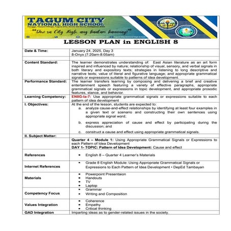 Grade 8 Lesson Plan in English | DOCX