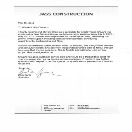 JASS CONSTRUCTION RECOMENDATION LETTER | PDF