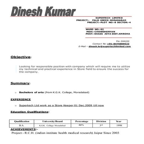 Dinesh Kumar Ressume | PDF