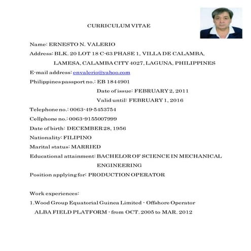 CURRICULUM VITAE OF ERNESTO N. VALERIO 1 | PDF