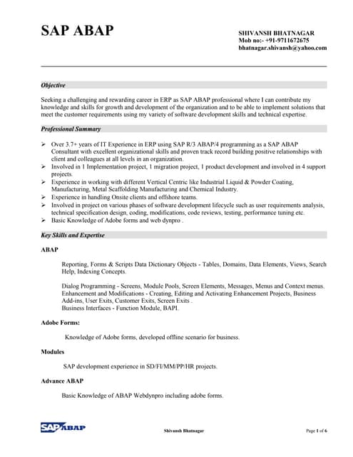 Ashish_Dadhich@SAP ABAP Fresher Resume | PDF
