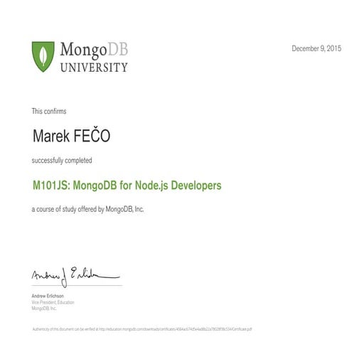 M101JS MongoDB for Node.js Developers Certificate | PPT