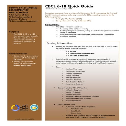 Cbcl 6 18 quick guide | PDF