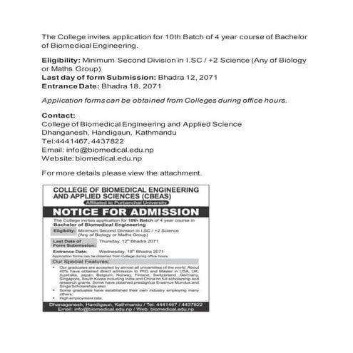 CBEAS invites for admission in Bachelor of Biomedical Engineering. | DOCX